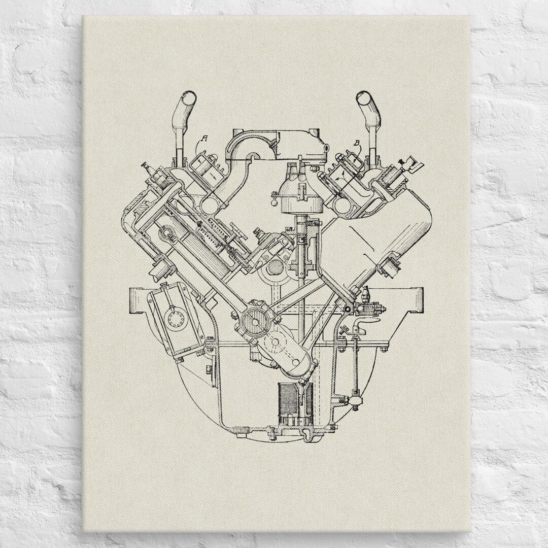 Antique Early Engine V8 Motor Cross Section Diagram Canvas - Etsy