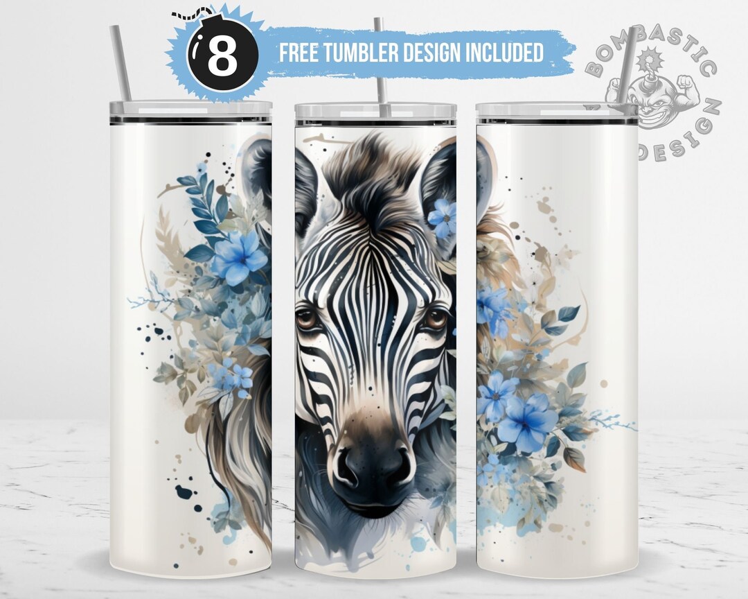 Zebra Tumbler Wrap Sublimation Design PNG, Watercolor Zebra and Blue ...