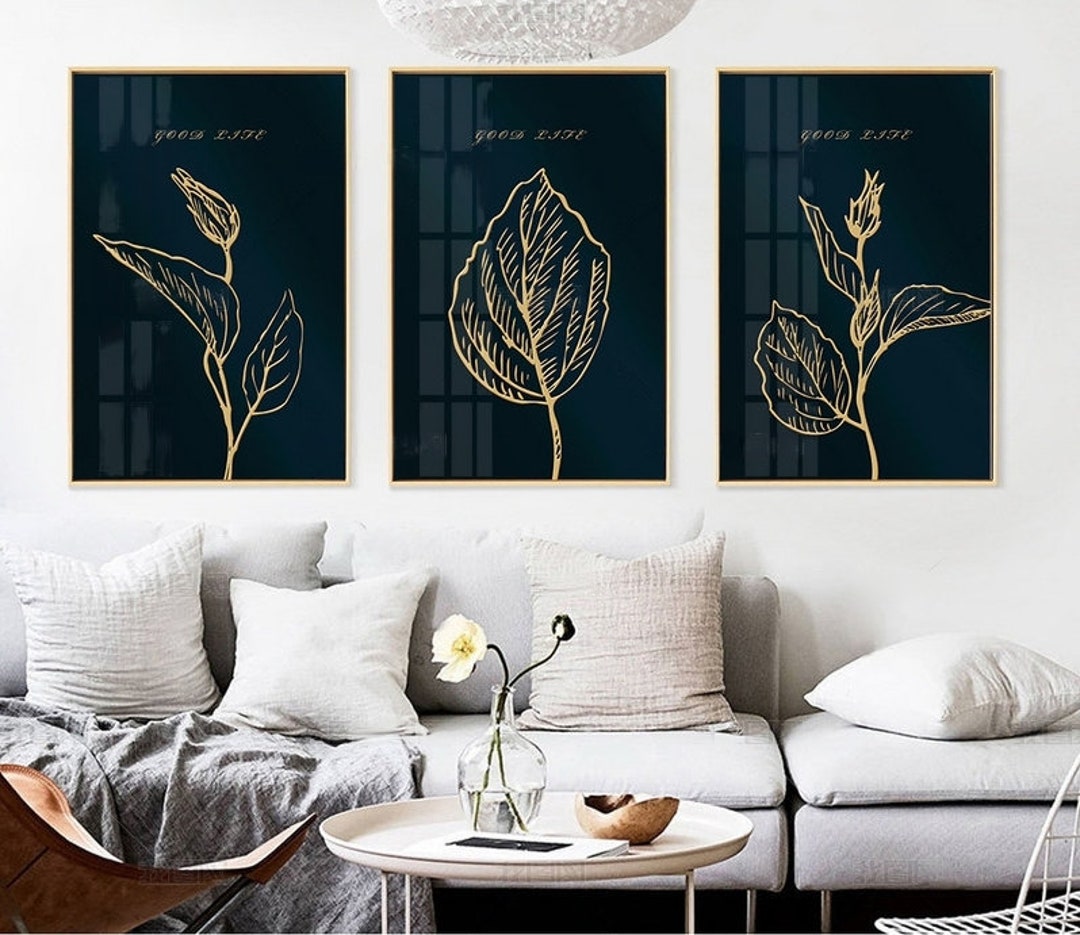 Botanical Set of Three Framed Wall Arts, Green and Gold Plants Canvas ...