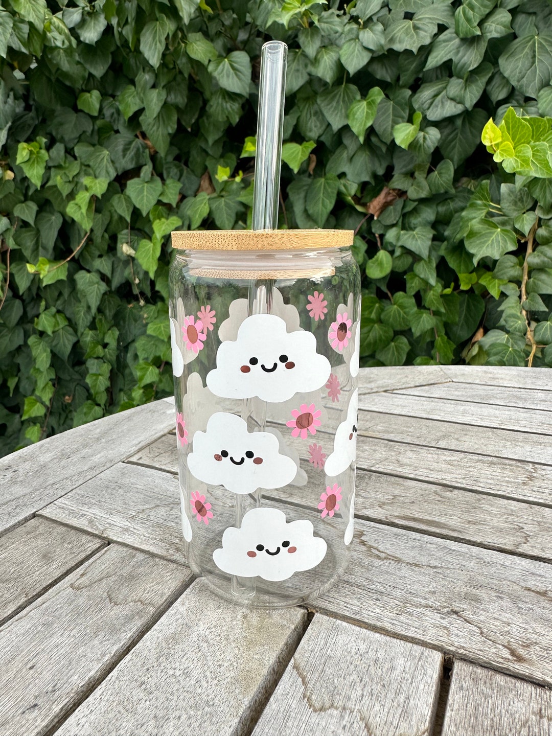 Cute Cloud Glass Cup Cute Cup Gift for Her 16OZ Glass Cup Bamboo Lid ...