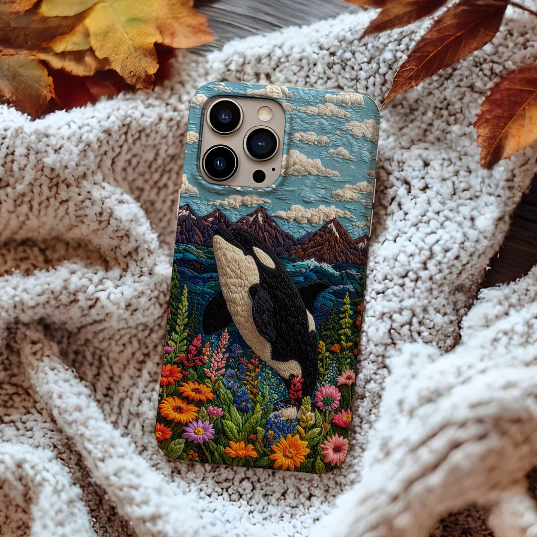 Orca Phone Case – Embroidery Style Whale Design – Ocean Animal Phone ...