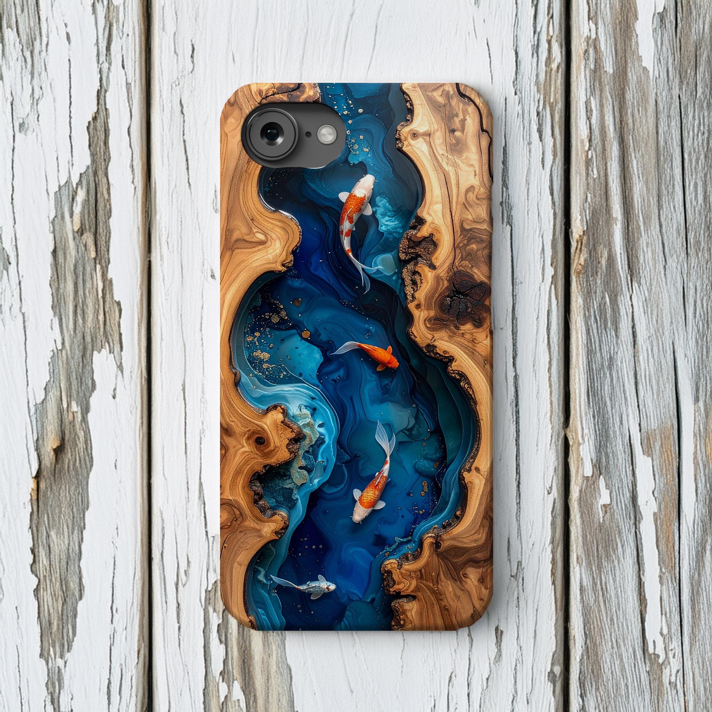 Koi Fish Faux Wood Resin Phone Case, Blue Epoxy iPhone Magsafe Tough ...