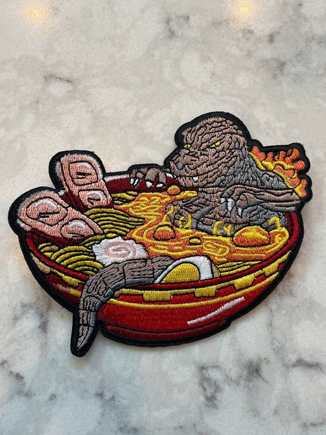 God Zilla Ramen Noodle Hot Tub Iron on Patch Soup Japanese Lizard Monster Egg Art Beautiful ...