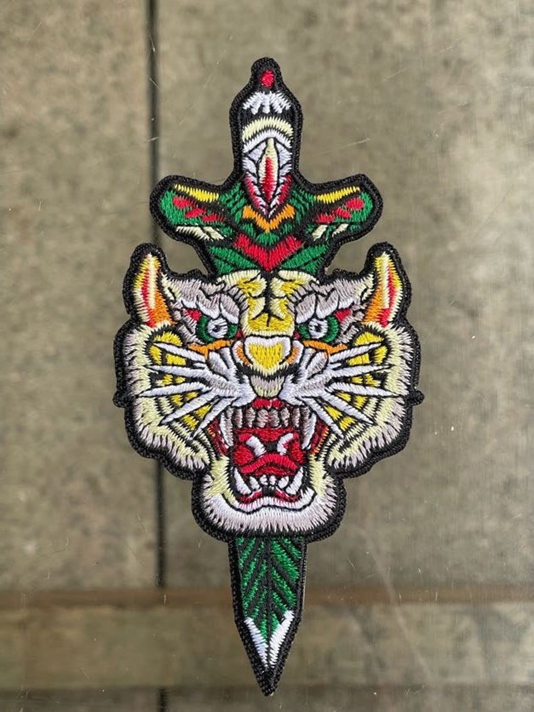 Tiger & Dagger Iron on Patch Green Tribal Knife Jungle Bengal Tiger ...