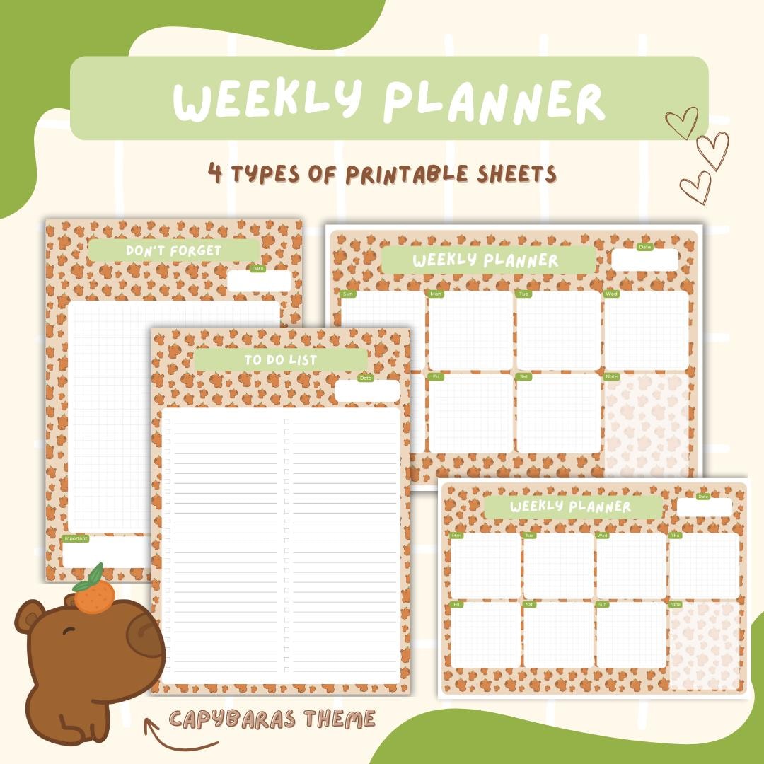 Capybara Weekly Planner & To-do List Bundle – Kawaii Digital Printable ...
