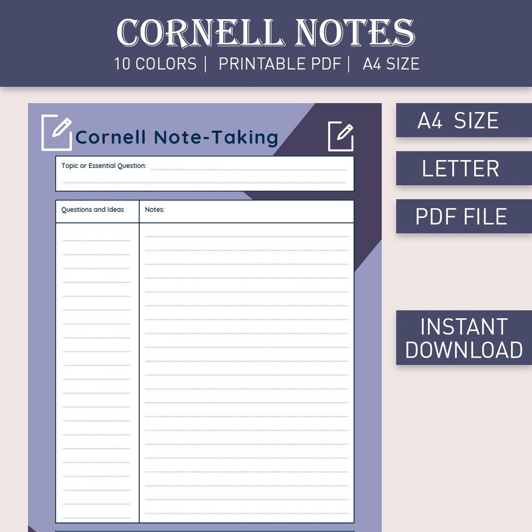 Printable Cornell Method Notes, Print at Home Cornell Note Taking ...
