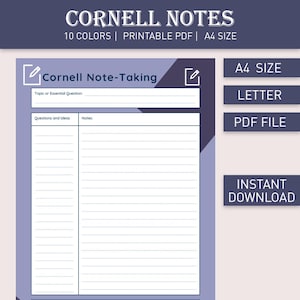Printable Cornell Method Notes, Print at Home Cornell Note Taking ...