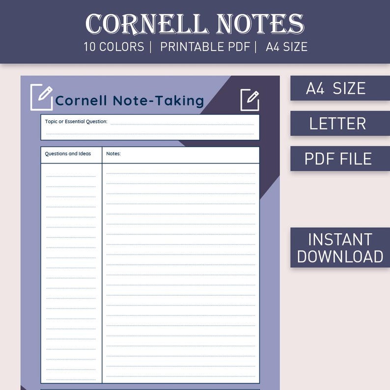 Printable Cornell Method Notes, Print at Home Cornell Note Taking ...