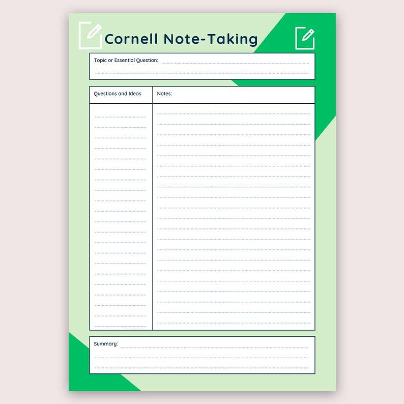 Printable Cornell Method Notes, Print at Home Cornell Note Taking ...