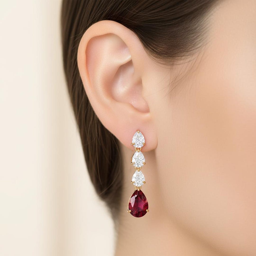 Red Garnet Drop Dangle Earrings, Gold Long Earrings for Women, Pear Cut ...