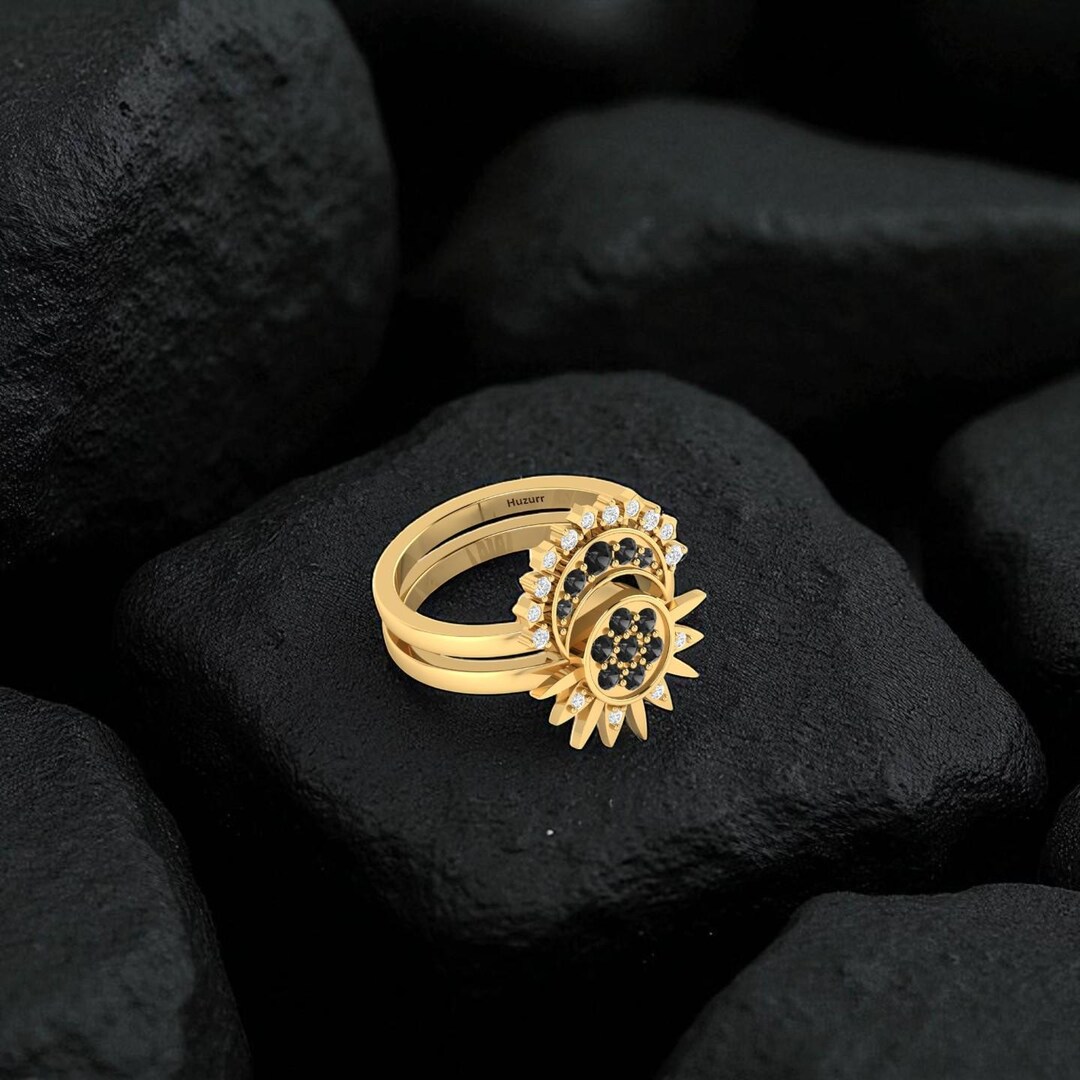 Black Diamond Sunflower Couple Ring, 14k Gold Diamond Ring, Dainty ...