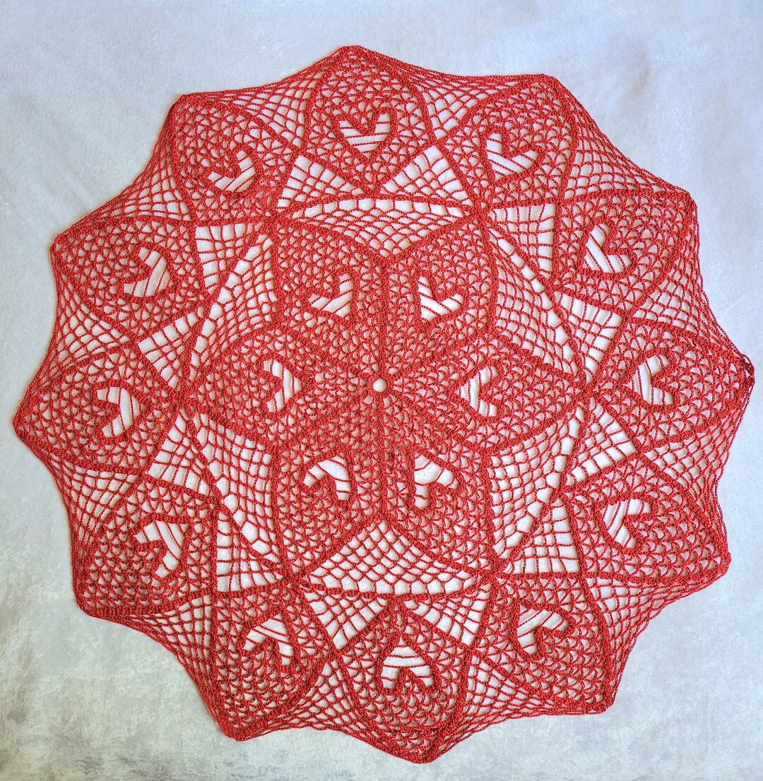 Beautiful Red Crochet Doily With Hearts, 29.5 Inch Red Crochet Doily ...