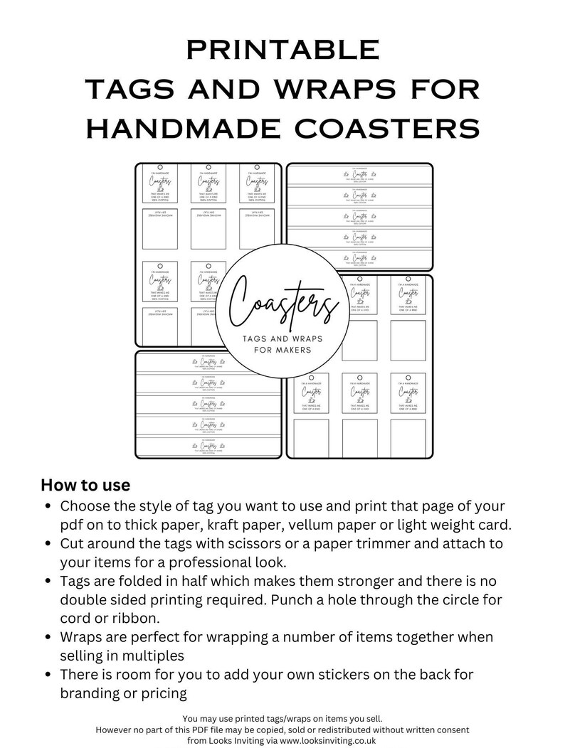 Printable Coaster Tags & Wraps: Handmade Item Packaging (PDF Pattern ...