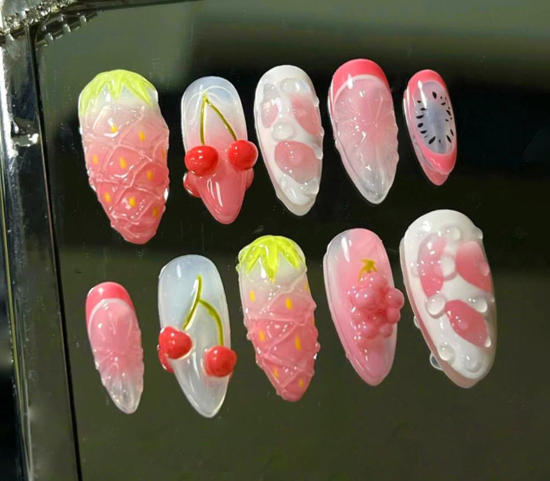 Trending Pink Strawberry With Cherry 3D Gel Press-on Nails, Handmade ...