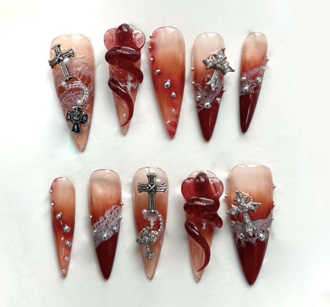 Handmade Festival Party Snake 3D Gel Faux Acrylic Nails Art, Lunar New ...