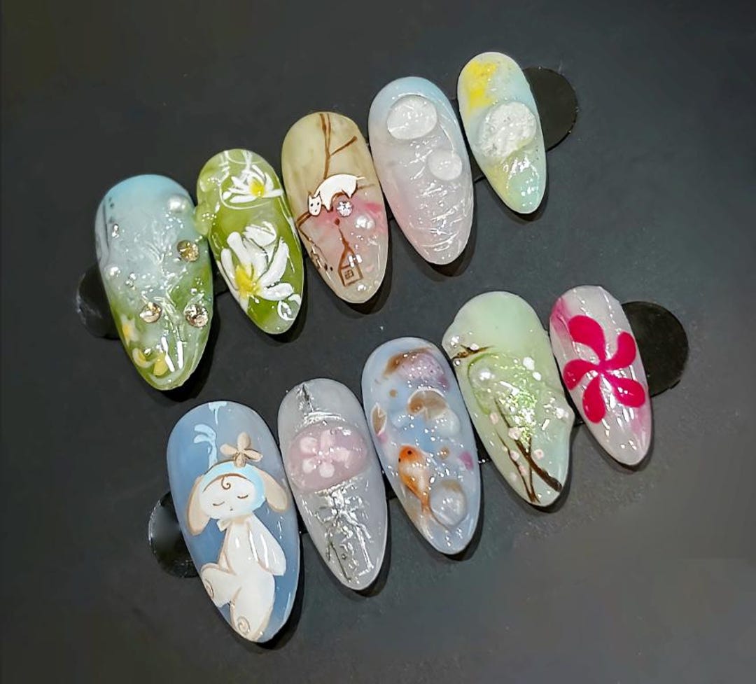 Multi-color Fake Nail, Pink Bow Press on Nails, Luxury Handmade Y2k ...