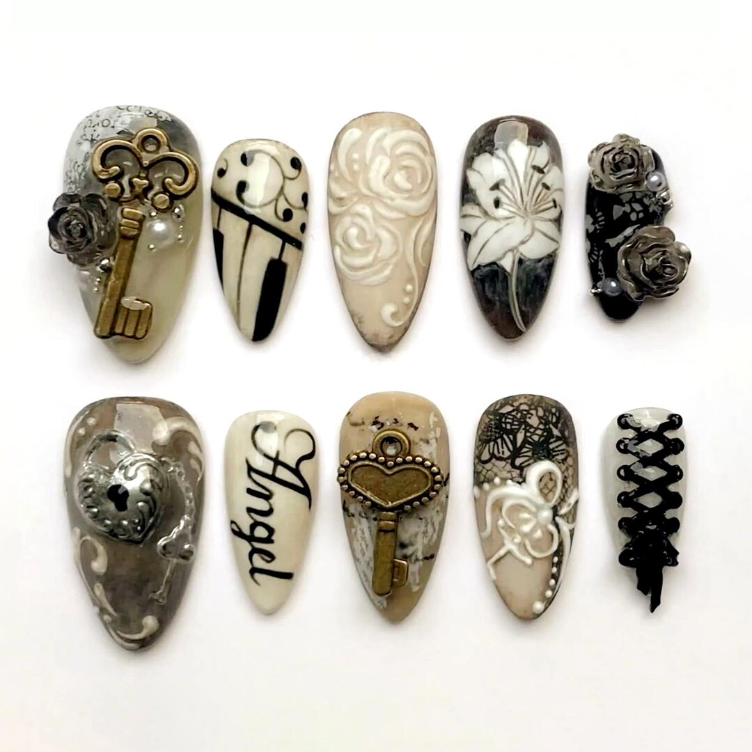 Black Rose Press on Nails, Lock and Key Nail, Luxury Handmade Faux ...