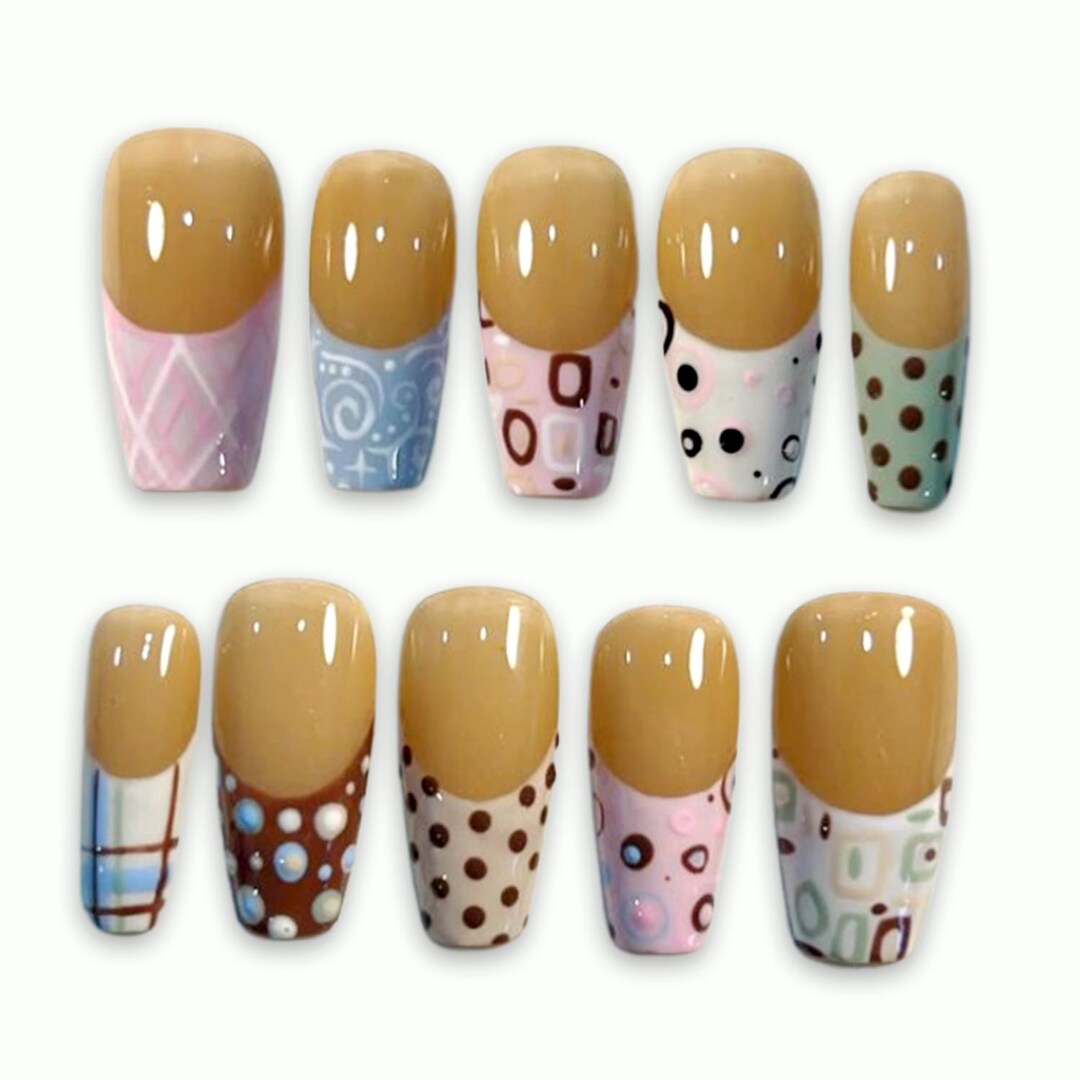 Luxury French Tips Long Square Nails, Polka Dots Press on Nails, Luxury ...