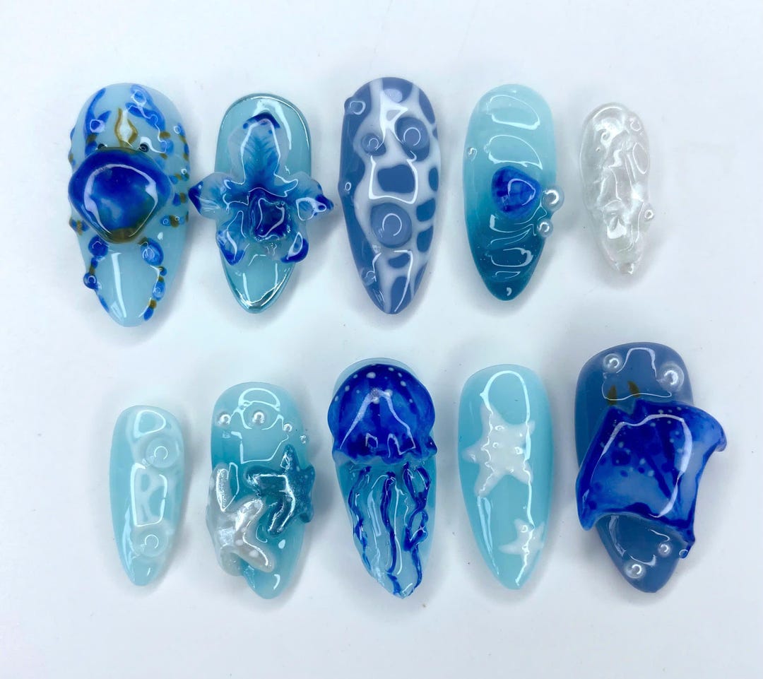 Ocean Jellyfish Stingray Press on Nails, Elegant Handmade Cute Crab 3D ...