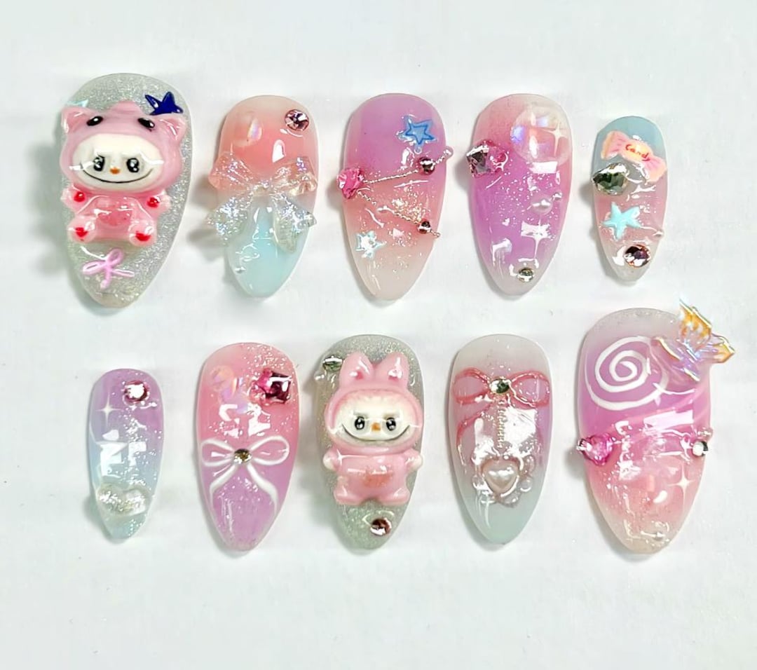 Cute Labubu 3d Gel Almond Press-on Nails, Handmade Trendy Bow Y2k Style ...
