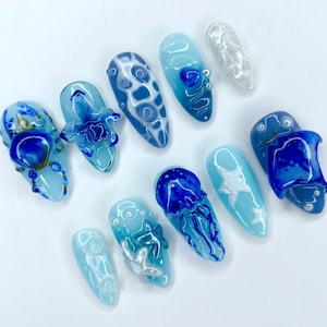 Ocean Jellyfish Stingray Press on Nails, Elegant Handmade Cute Crab 3D ...