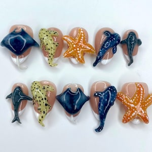 Beach Cute Ray & Starfish 3D Gel Press on Nails, Elegant Summer ...