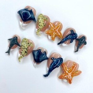 Beach Cute Ray & Starfish 3D Gel Press on Nails, Elegant Summer ...