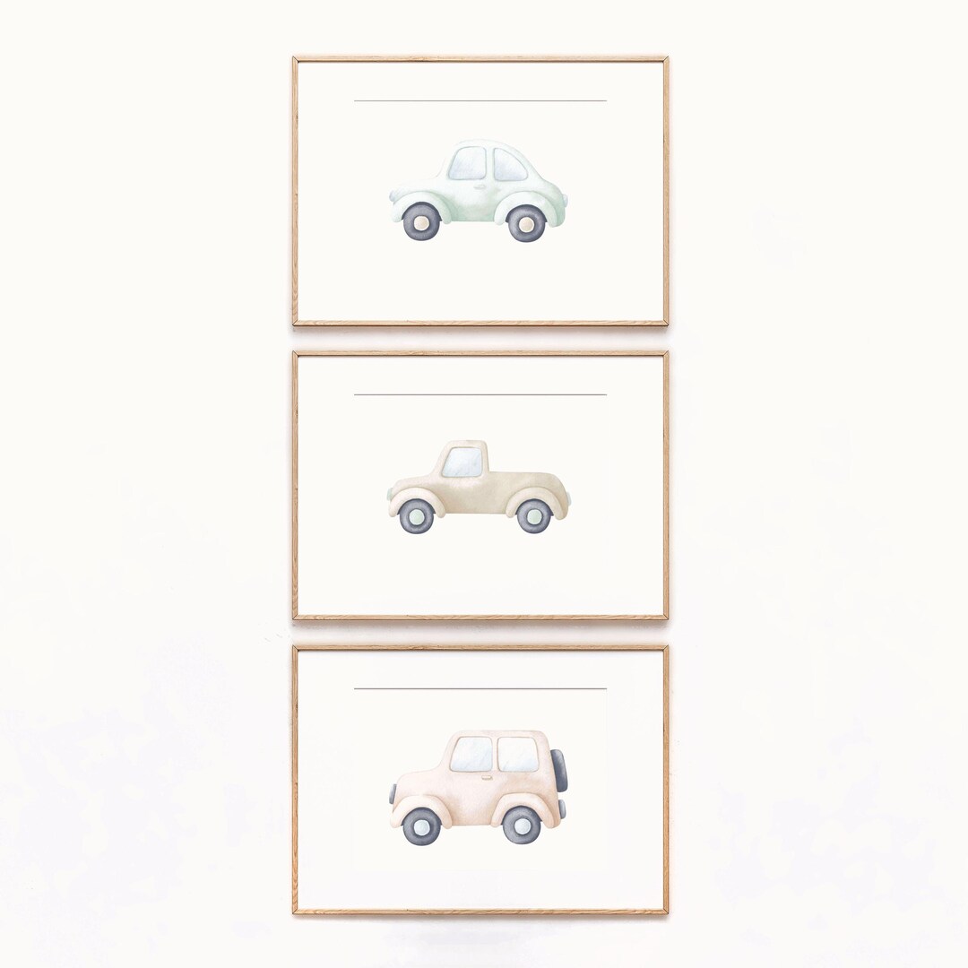 Neutral Car Nursery Print Set – Watercolor Vehicle Art for Baby Boy ...