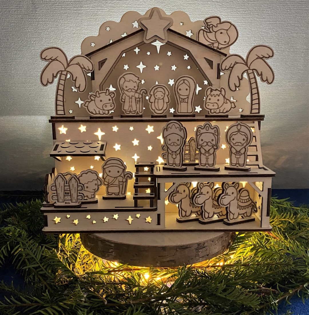 Wooden Nativity Scene With Figures Poinsettia Christmas - Etsy