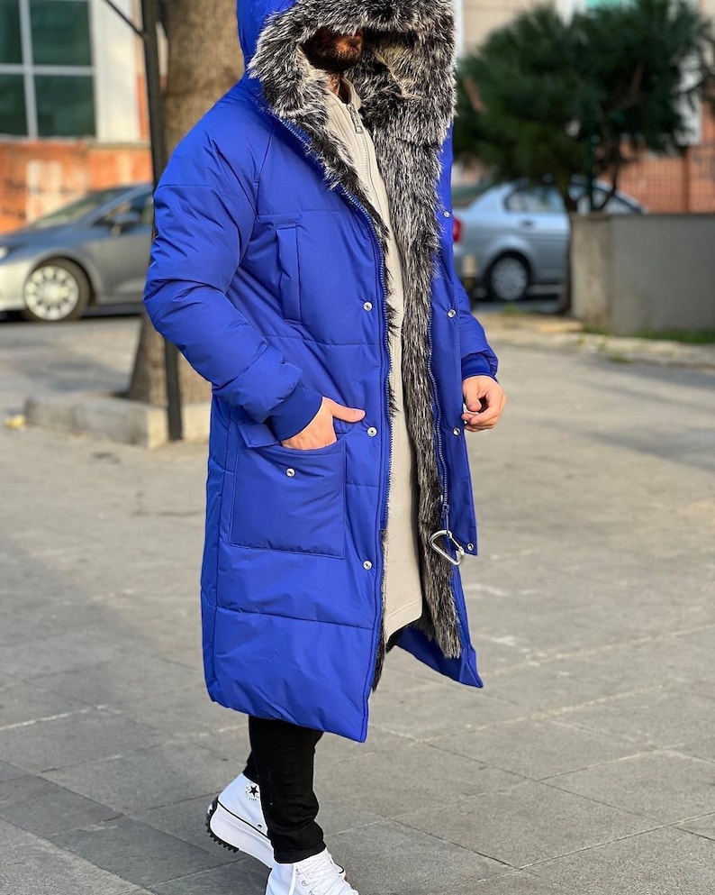 Mens Long Parka Blue and Milk Colors Warm Winter Luxury - Etsy