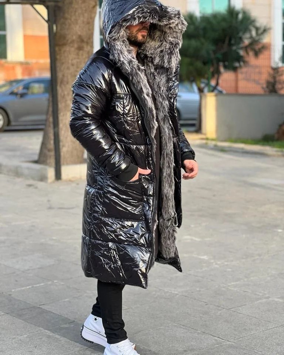 Mens Long Parka White-black Colors, Warm Winter Luxury Parka, Men's ...