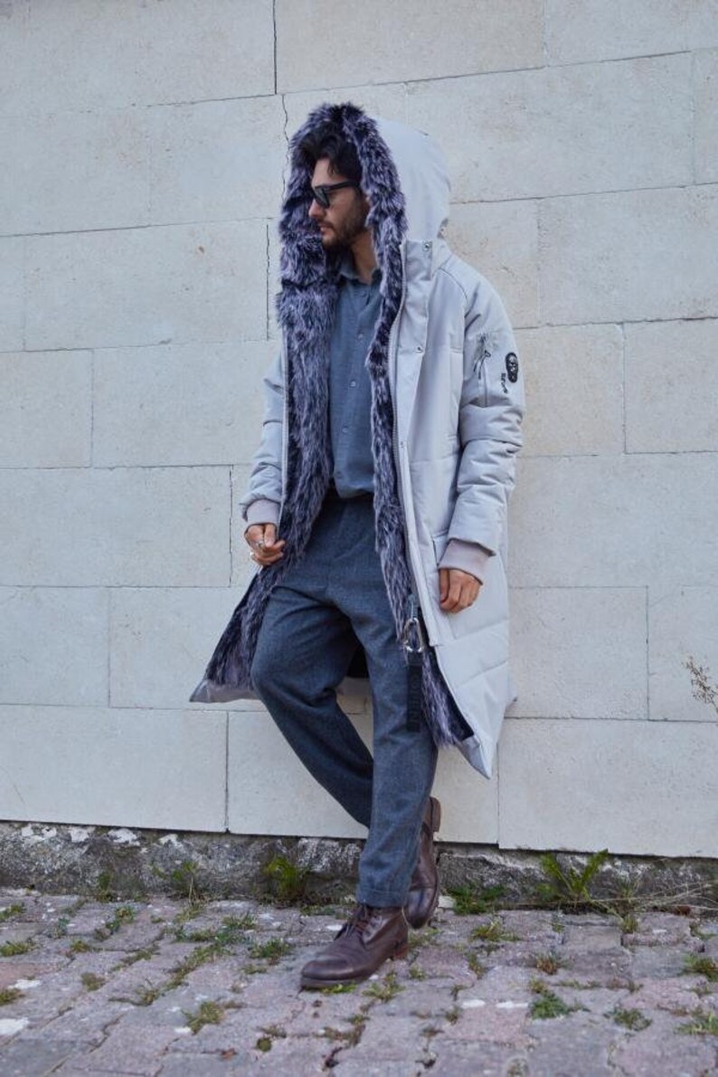 Mens Long Parka Blue and Milk Colors Warm Winter Luxury - Etsy