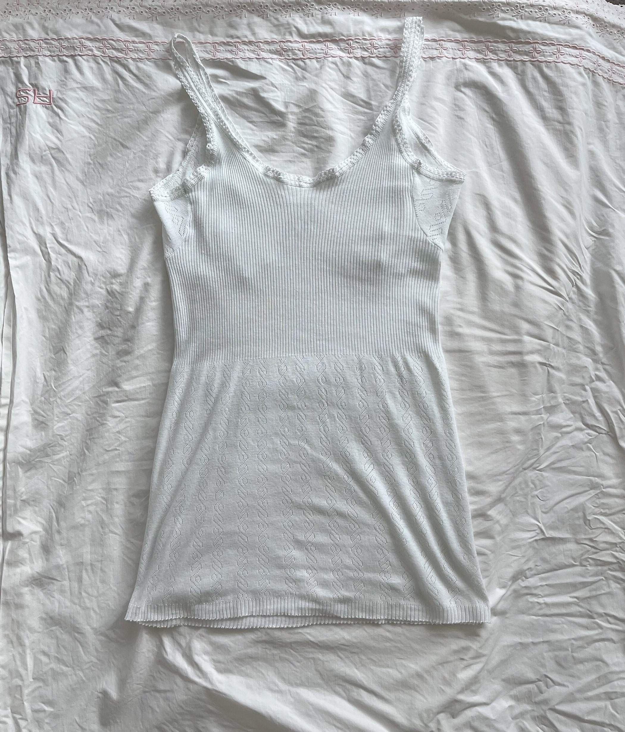 Vintage White Cotton Pointelle Flower Detail Long Tank Top - Etsy