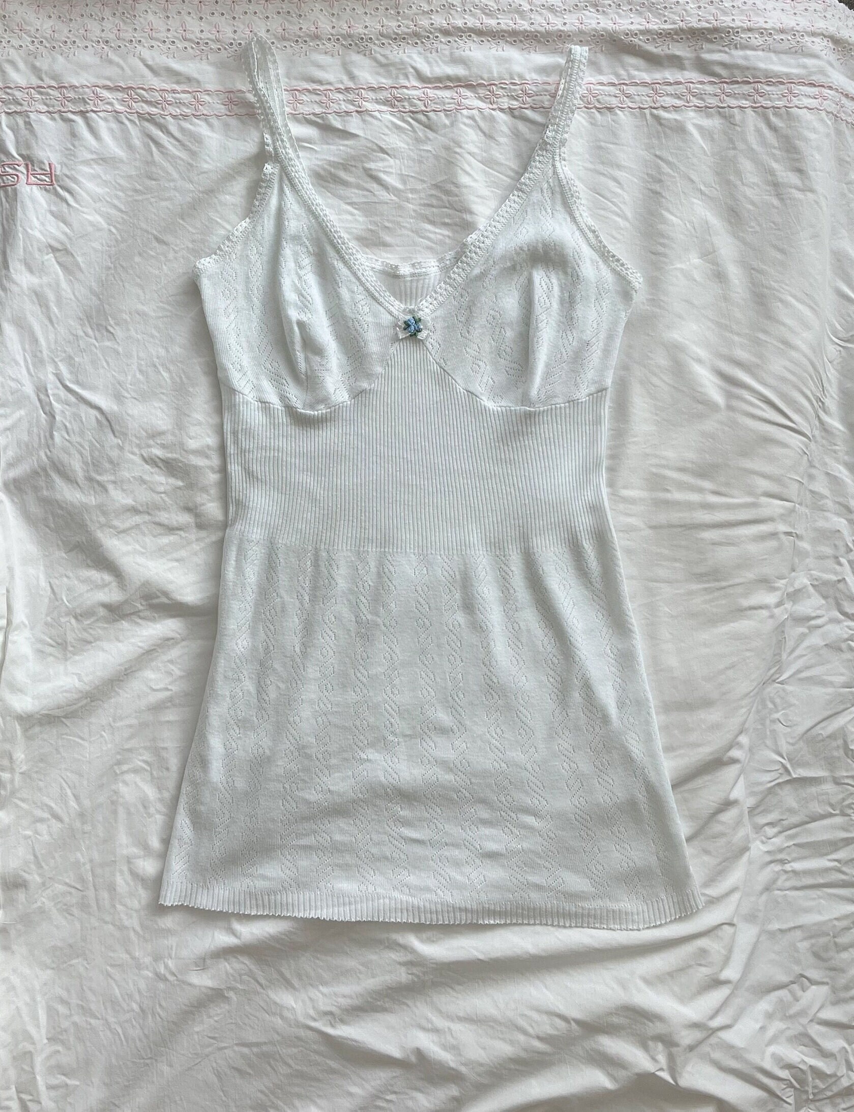 Vintage White Cotton Pointelle Flower Detail Long Tank Top - Etsy
