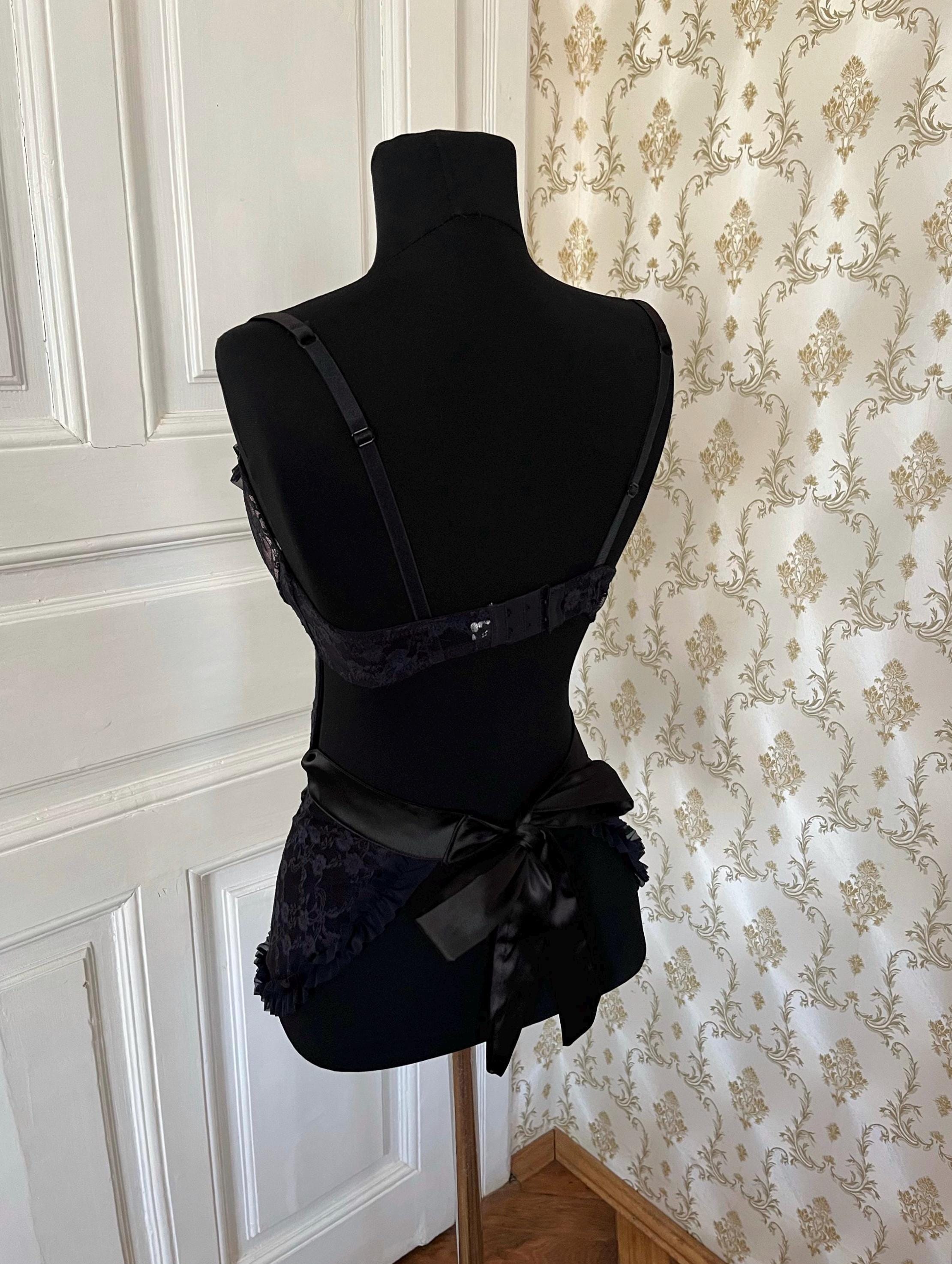 2000s Pink & Black Lace Apron Style Negligée, Open Back Mini Slip Dress ...