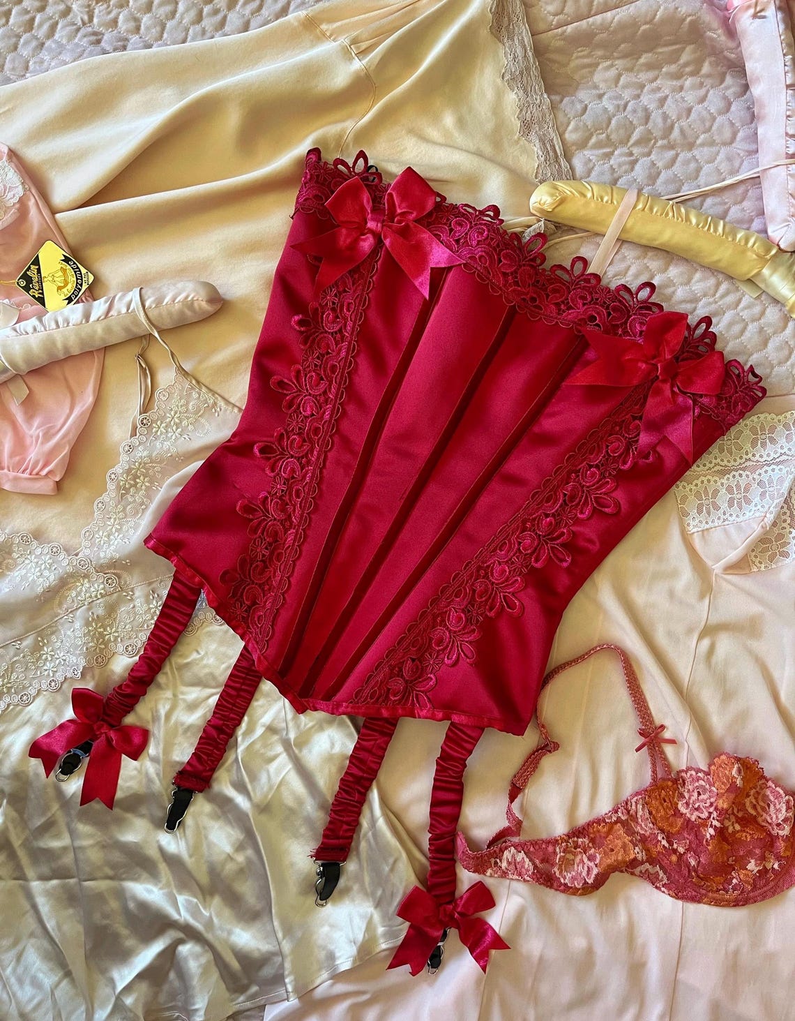 Cherry Red Bow Detail Strapless Ribbon Lacing Garter Straps Corset - Etsy