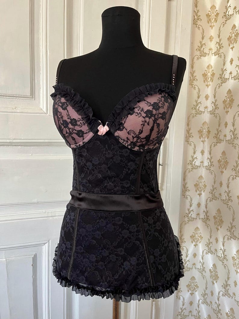 2000s Pink & Black Lace Apron Style Negligée, Open Back Mini Slip Dress ...