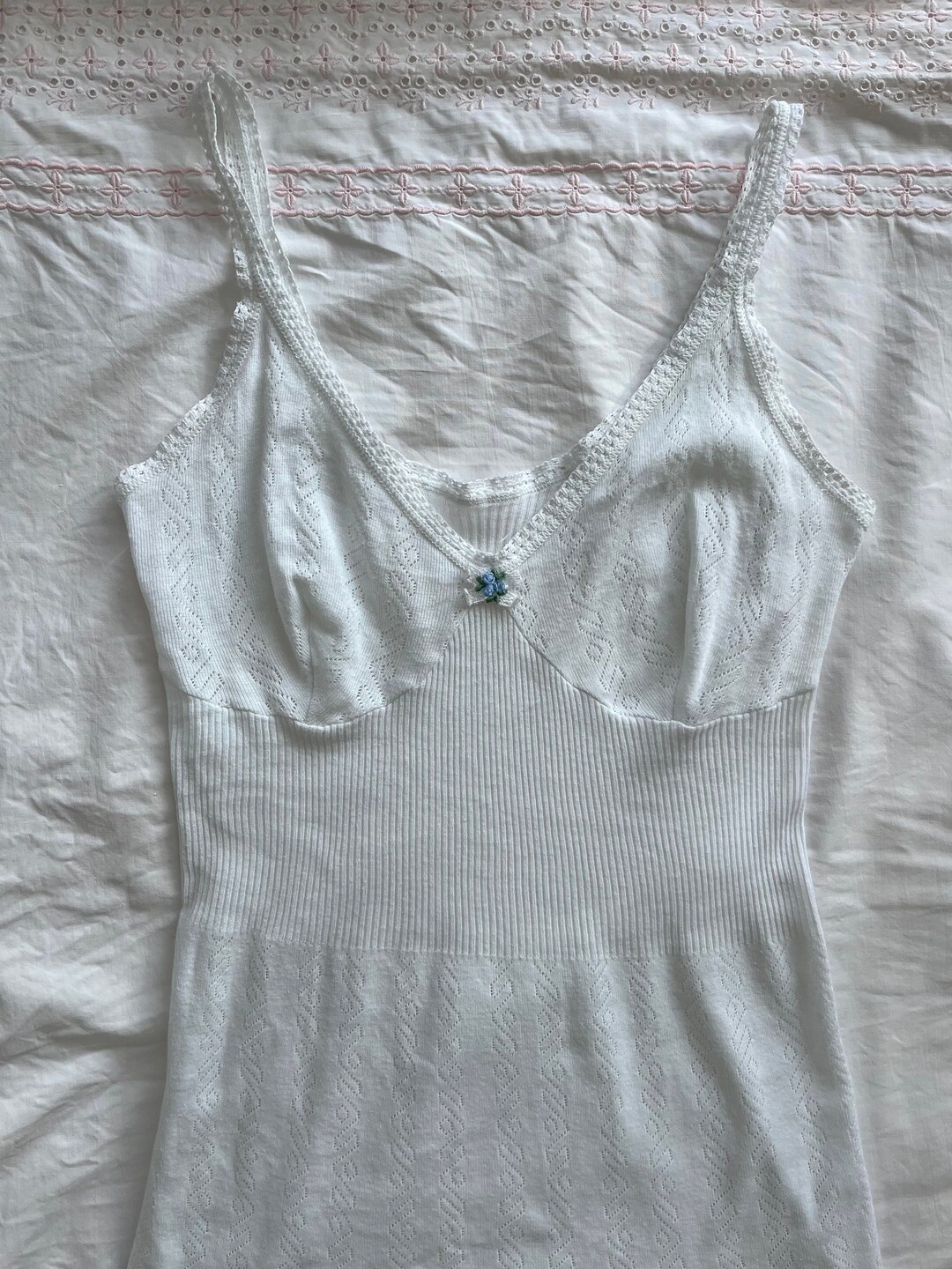 Vintage White Cotton Pointelle Flower Detail Long Tank Top - Etsy