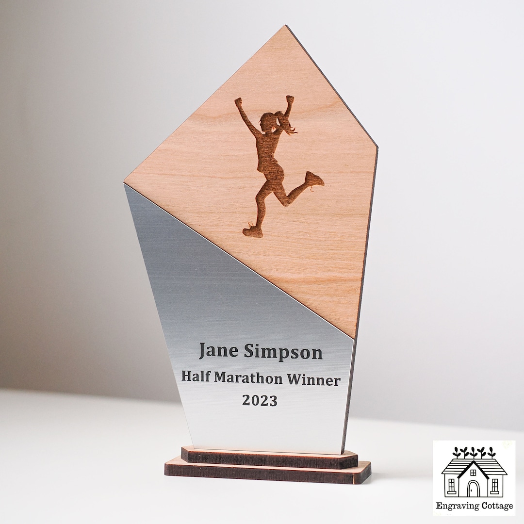 Engraved Wooden WOMAN RUNNING Trophy Award With Logo & Wording for ...