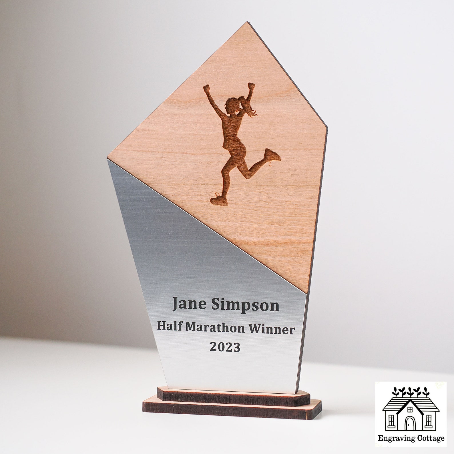 Engraved Wooden WOMAN RUNNING Trophy Award With Logo & Wording for ...