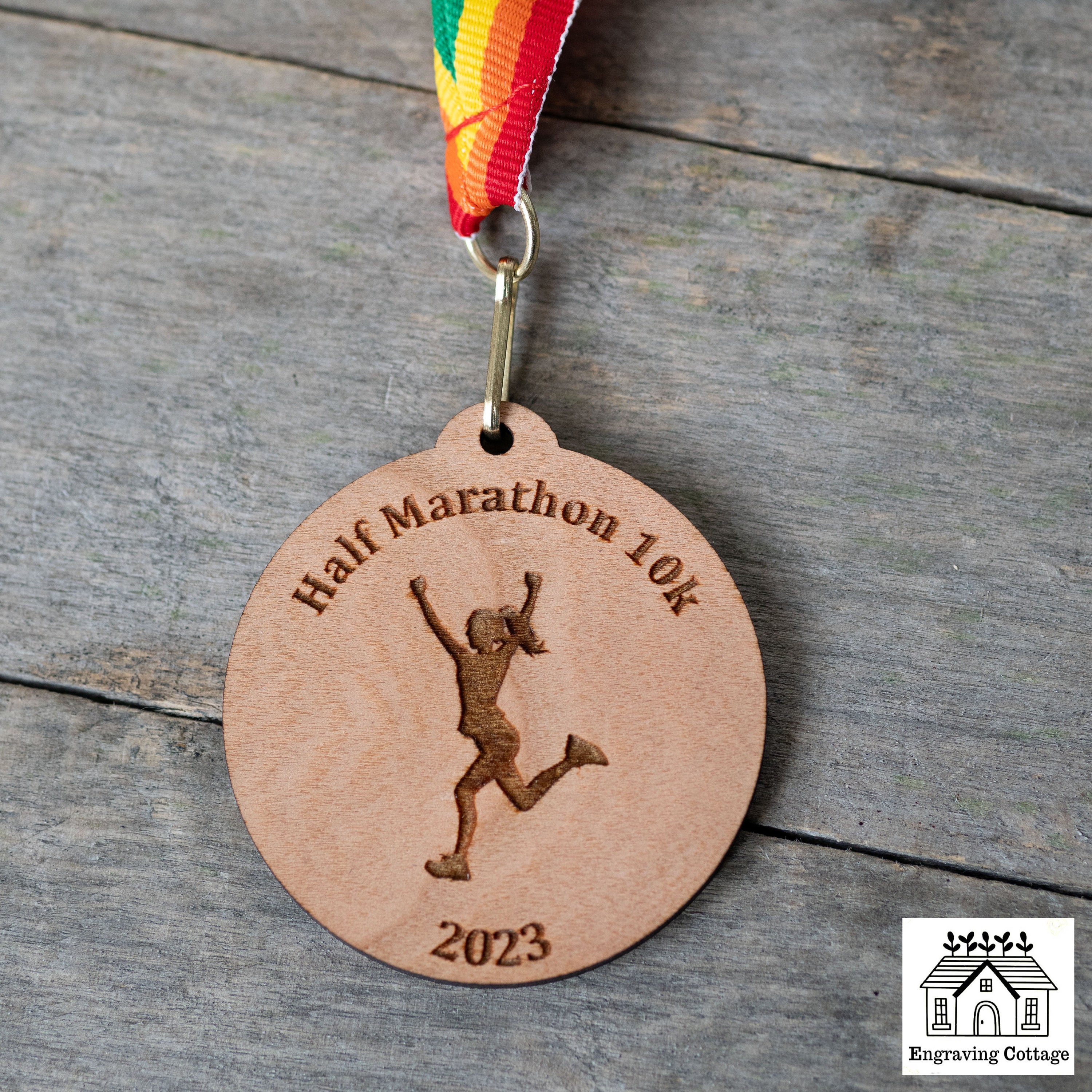 Wooden Running Medal Award With Rainbow Ribbon Female Runner Design Eco ...