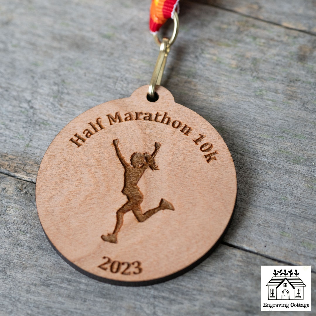 Wooden Running Medal Award With Rainbow Ribbon Female Runner Design Eco ...