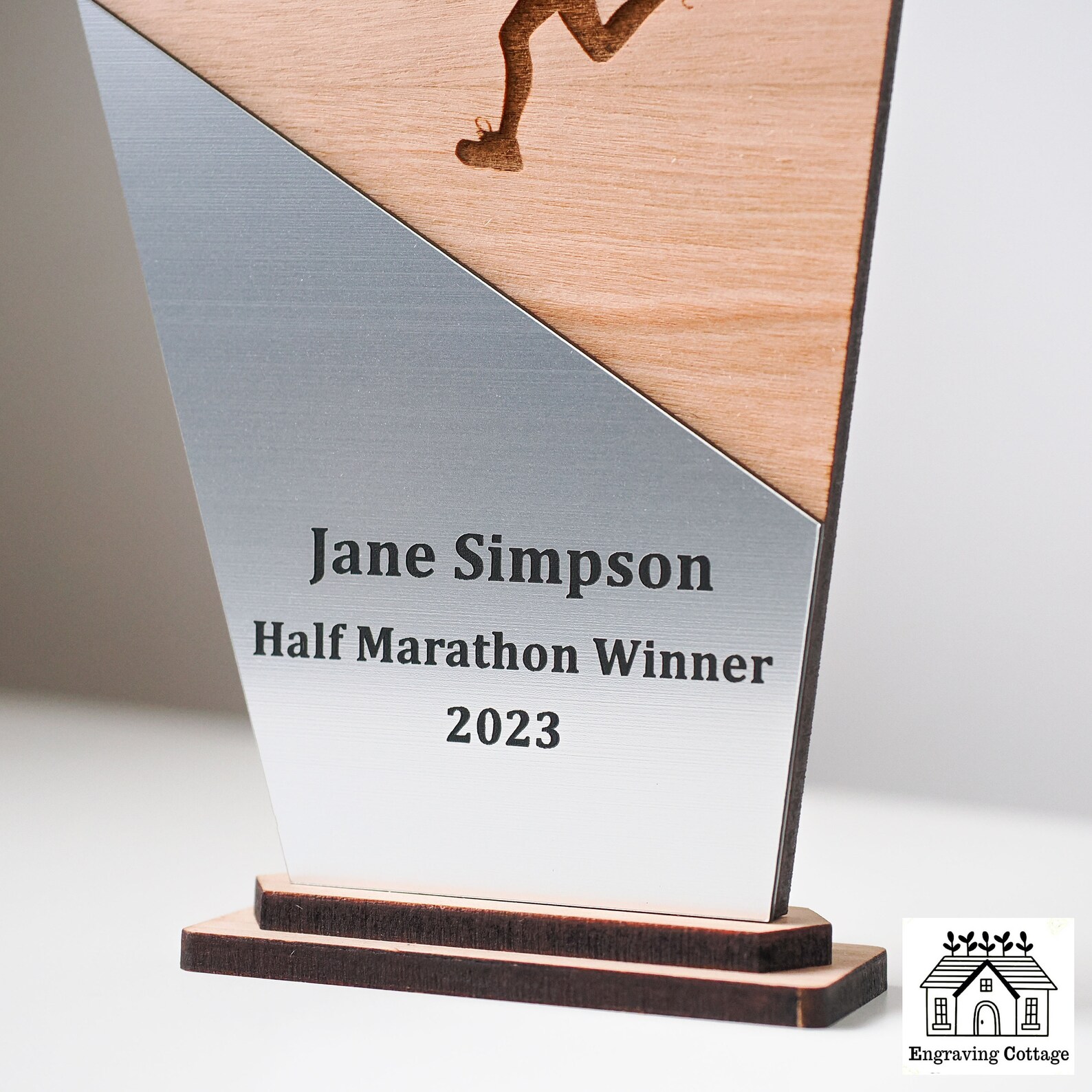 Engraved Wooden WOMAN RUNNING Trophy Award With Logo & Wording for ...