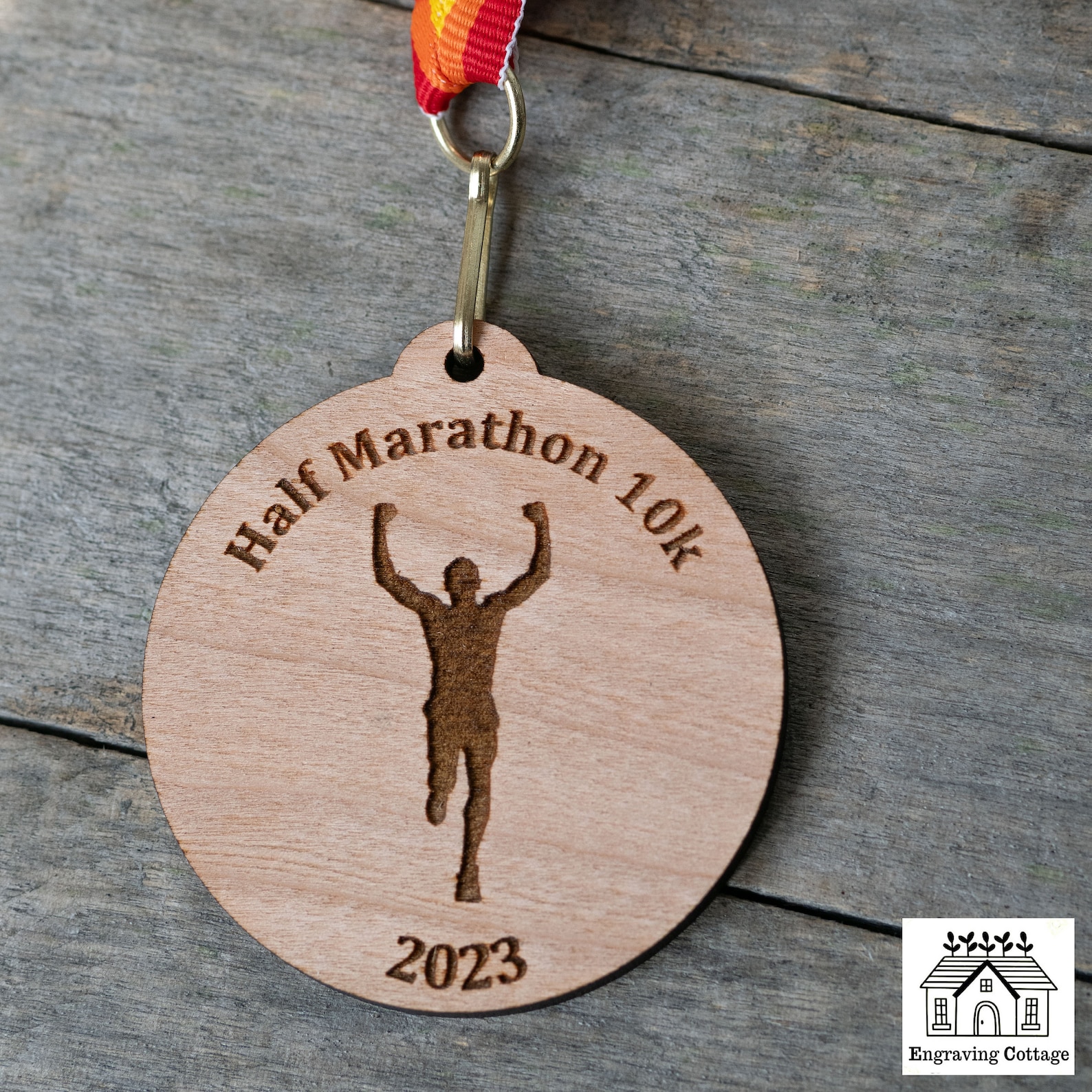 Personalised Wooden Running Medal Award With Rainbow Ribbon Male Runner ...