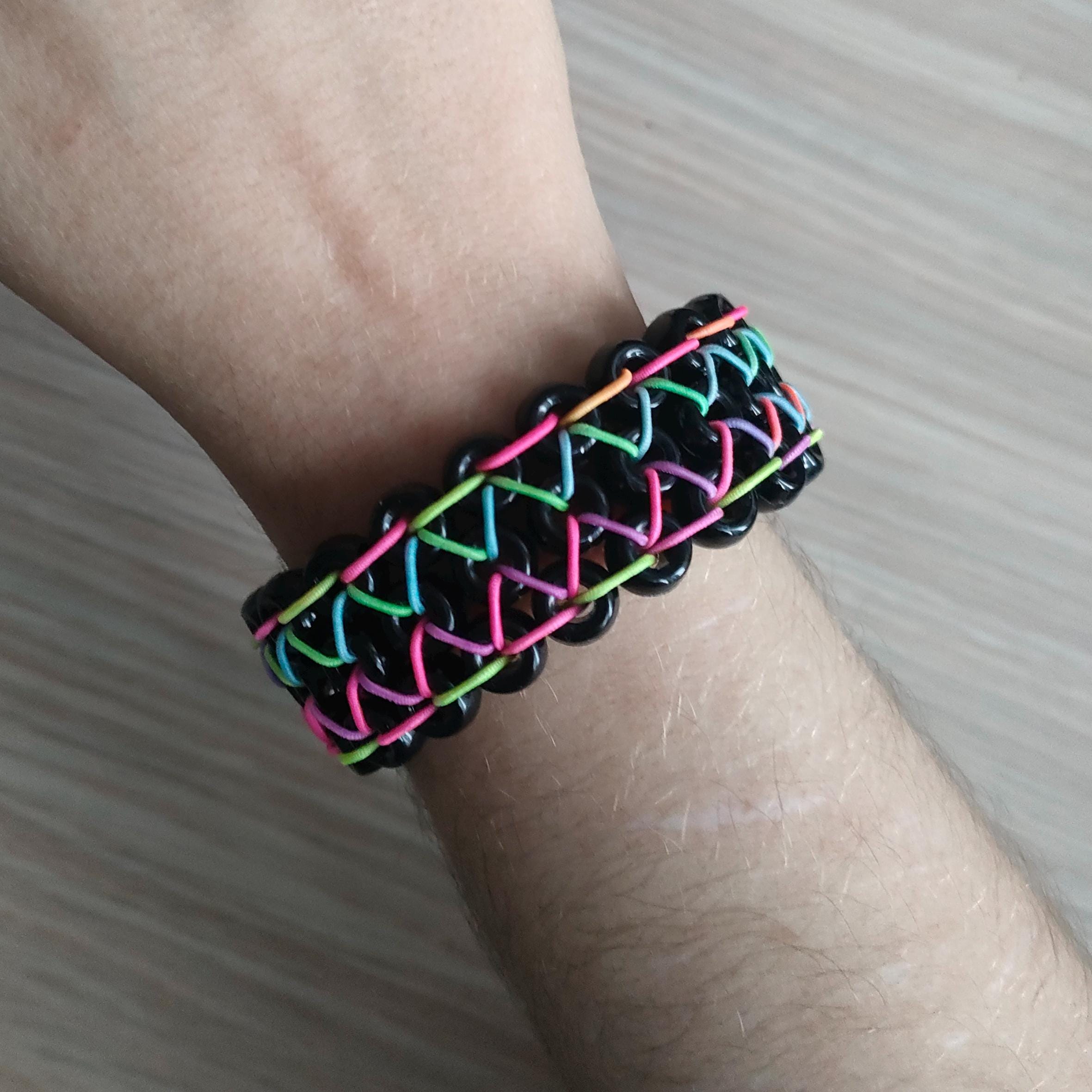 Black and Rainbow Kandi Cuff, Beaded Bracelet and Fidget Toy, Reverse ...