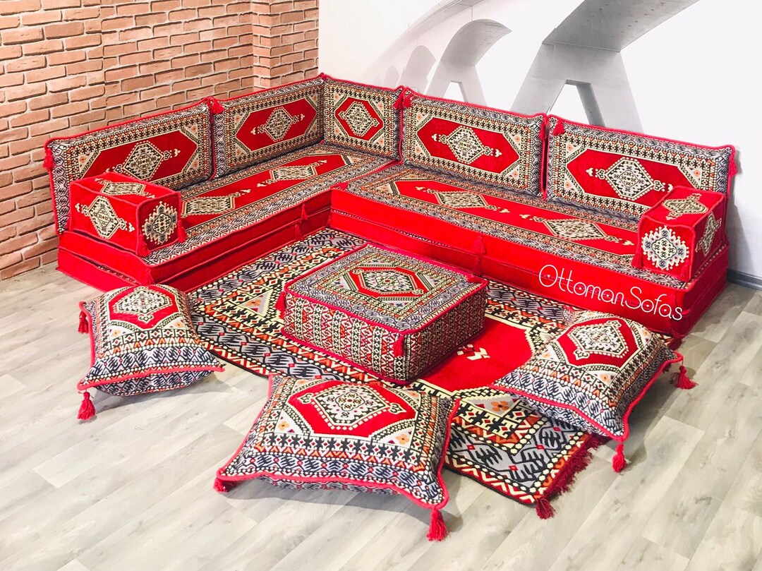 8'' L Shaped Red Arabic Floor Seating Sofa, Sectional Couch, Bohemian ...