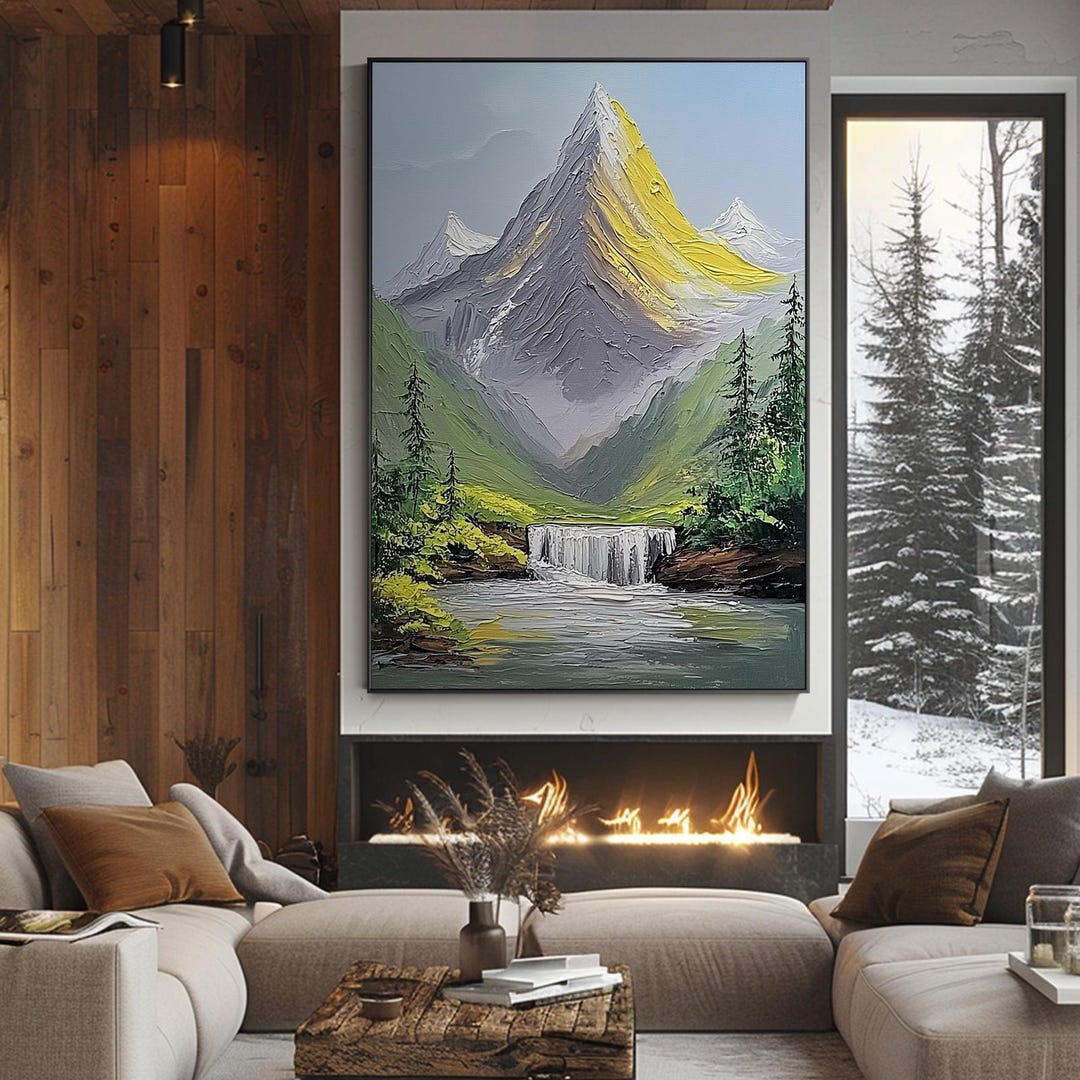Original Landscape Oil Painting, High Mountains and Flowing Water ...