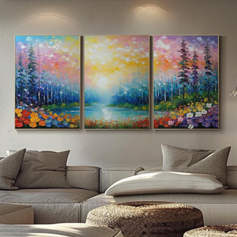 Colorful Forest Triptych Wall Art, Vibrant Sunrise Landscape Canvas Set ...