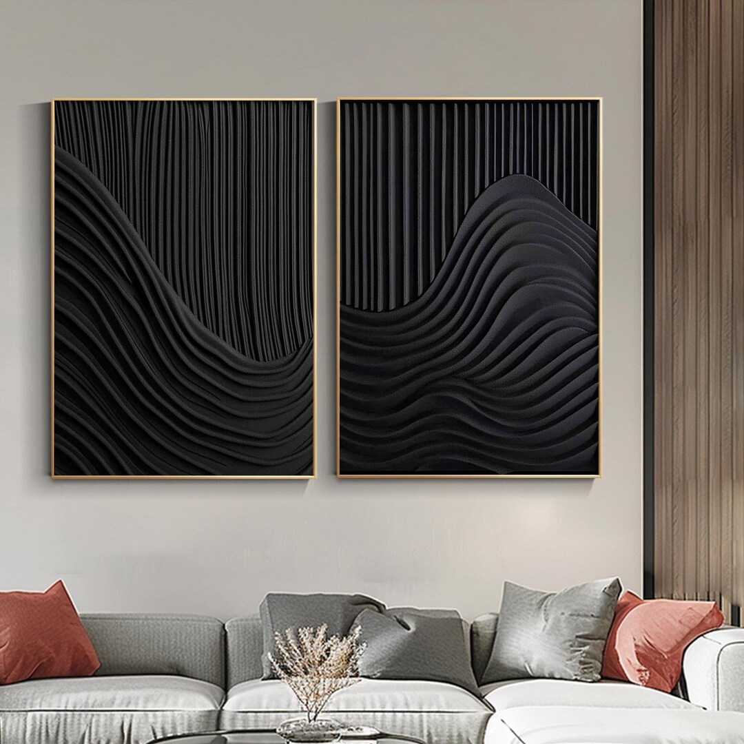 Black Abstract Wall Art Panels Set, Modern 3D Textured Design ...