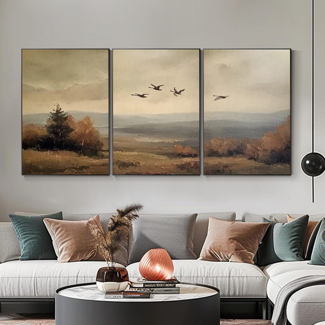 Rustic Landscape Oil Painting Set of 3 – Hand-painted Autumn Field Wall ...